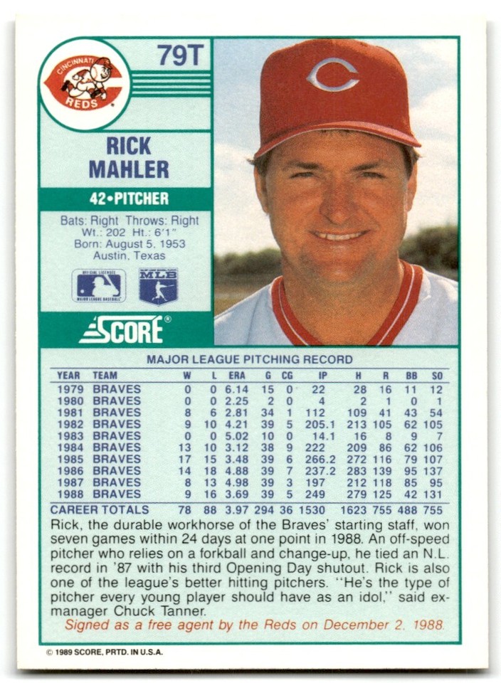 1989 Score Rookie & Traded Rick Mahler Cincinnati Reds #79T | eBay