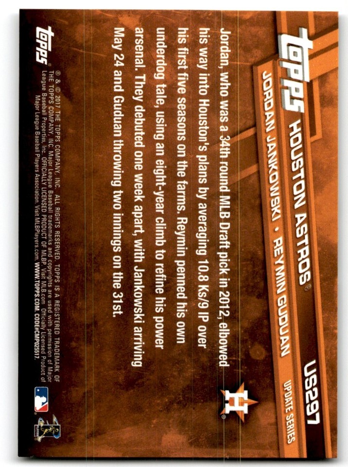 2017 TOPPS UPDATE REYMIN GUDUAN/JORDAN JANKOWSKI RC HOUSTON ASTROS # ...