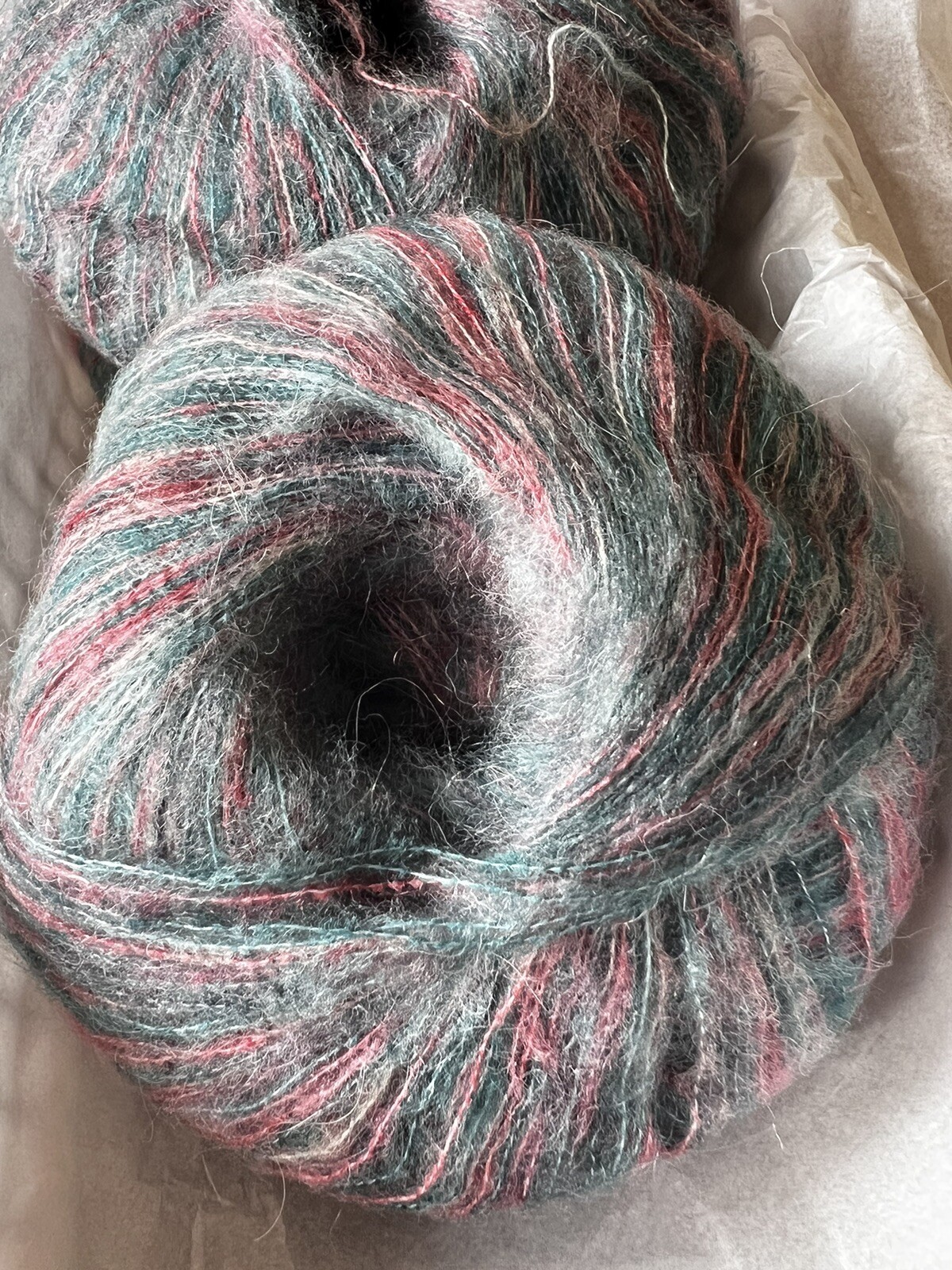 Mohair Silk Yarns Variegated Green W/moments Of Grey & Coral -2 Skeins ...