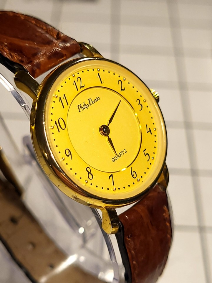 Philip Persio 24 kt gold plated ladies vintage watch. w/leather strap ...