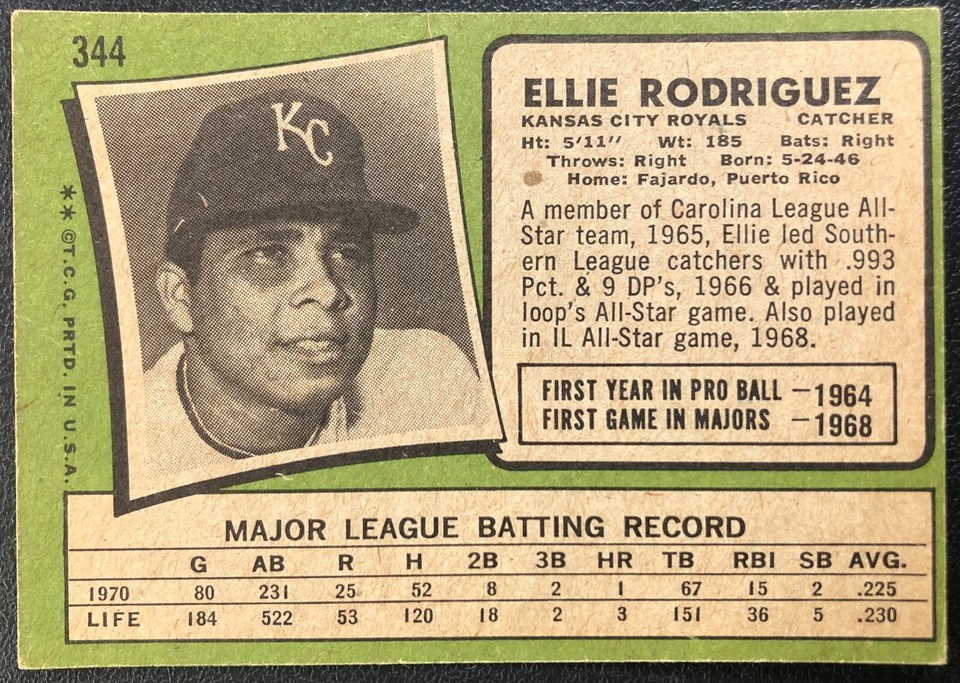 ELLIE RODRIGUEZ 1971 TOPPS VINTAGE BASEBALL CARD #344 ROYALS | eBay