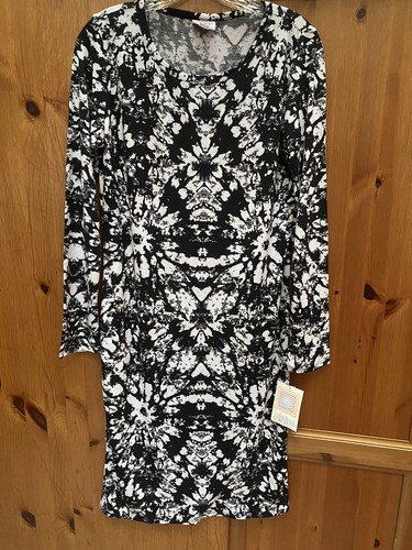 Lularoe Debbie Long Sleeve Fitted Dress In Black & White Tie Dye Size ...