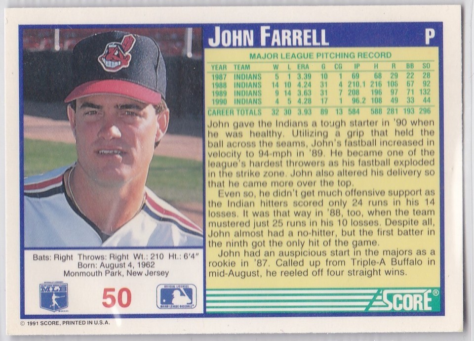 M) 1991 Score Baseball Trading Card - John Farrell #50 | eBay