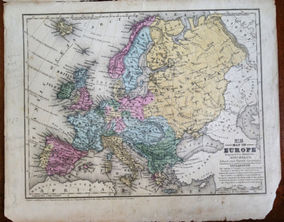 Antique 1839 Mitchell's School Atlas Map of Europe - Original Hand ...