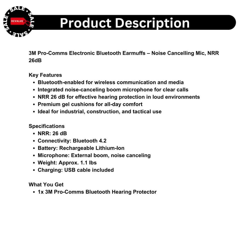3M Pro-Comms Electronic Bluetooth Earmuffs – Noise Cancelling Mic, NRR ...