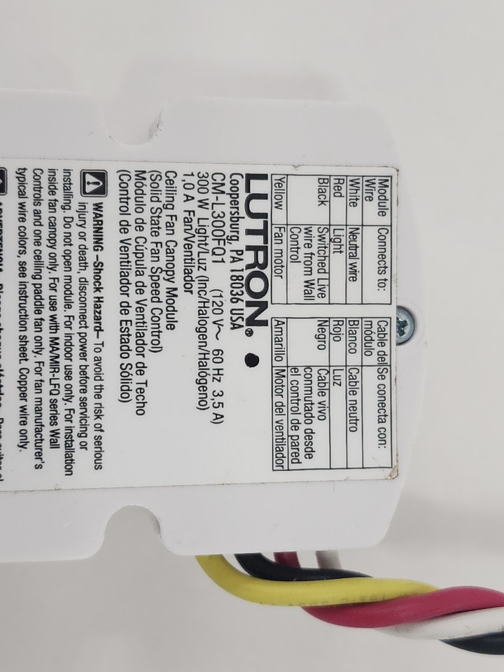 Lutron CM-L300FQ1 Ceiling Fan Canopy Module Solid State Speed Control ...