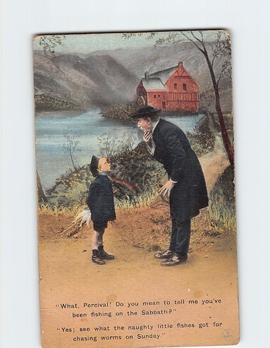 Postcard Greeting Card with Conversation and Father Son Lake Mill ...