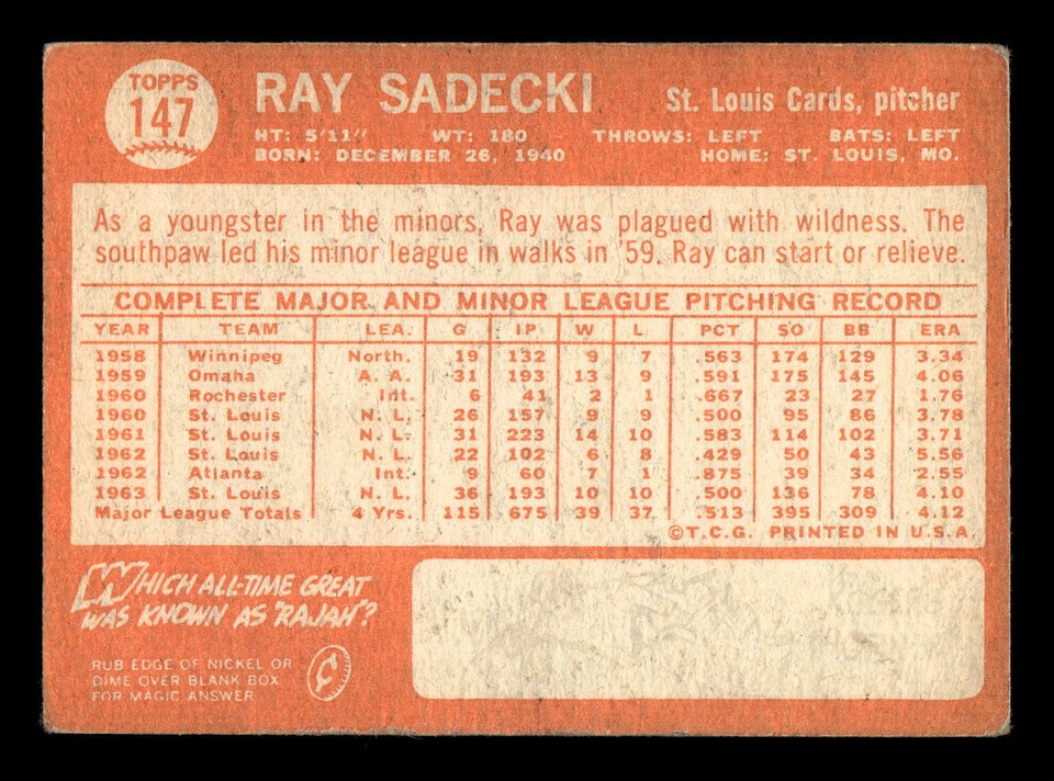 Ray Sadecki 1964 Topps #147 St. Louis Cardinals GD | eBay