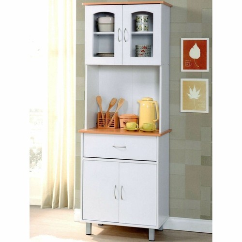 White Tall Kitchen Microwave Stand Utility Cabinet Storage Shelves ...