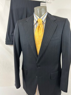 Chester Barrie Savile Row Mens Black Stripe 100% Wool Pleat Front Suit ...