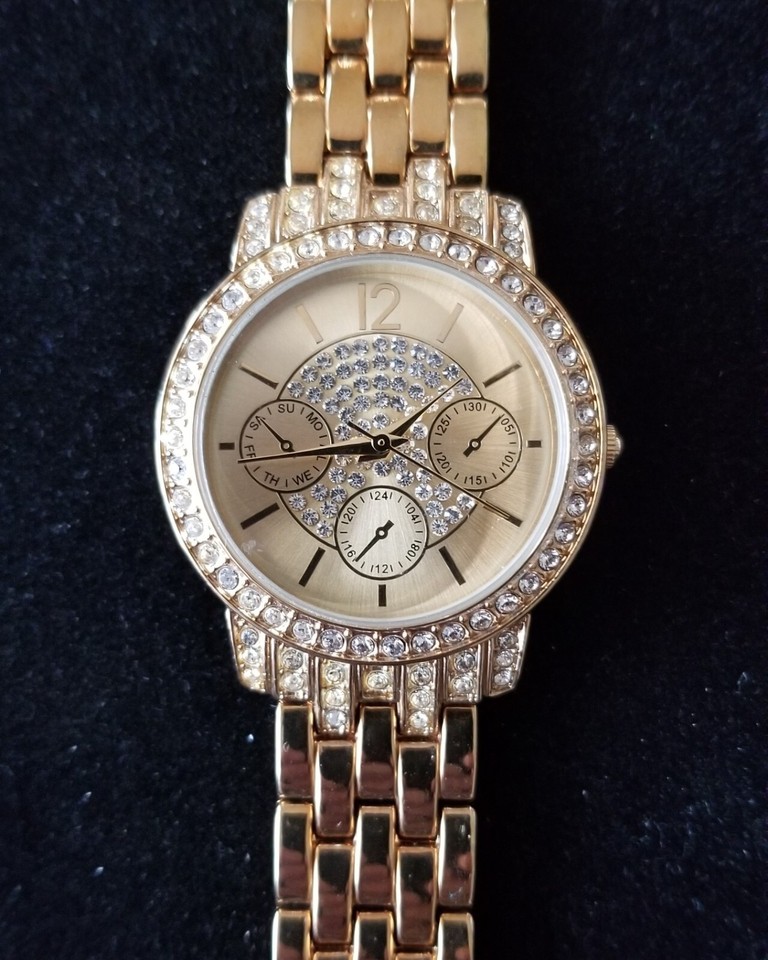 Avon Gold Tone Watch BR4 Swarovski Crystal Pave Dial 7.75" Max Size New ...