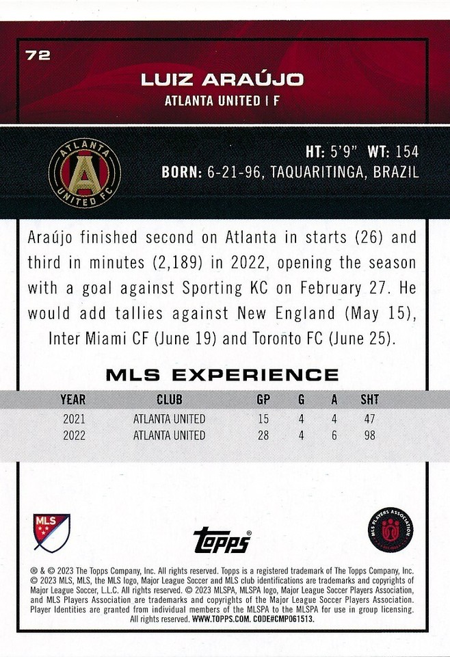 #72 LUIZ ARAUJO 2023 Topps MLS Soccer ATLANTA UNITED FC | eBay