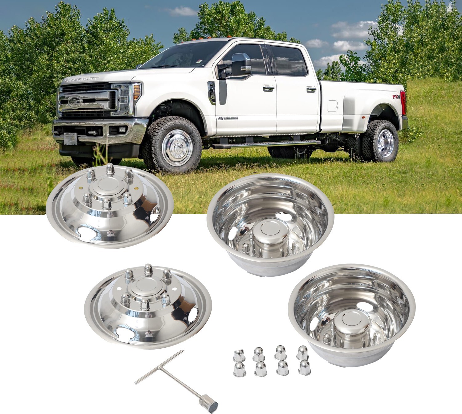 4 New 2005-2021 Ford F350 Stainless Steel 17" 8 Lug Dual Wheel ...
