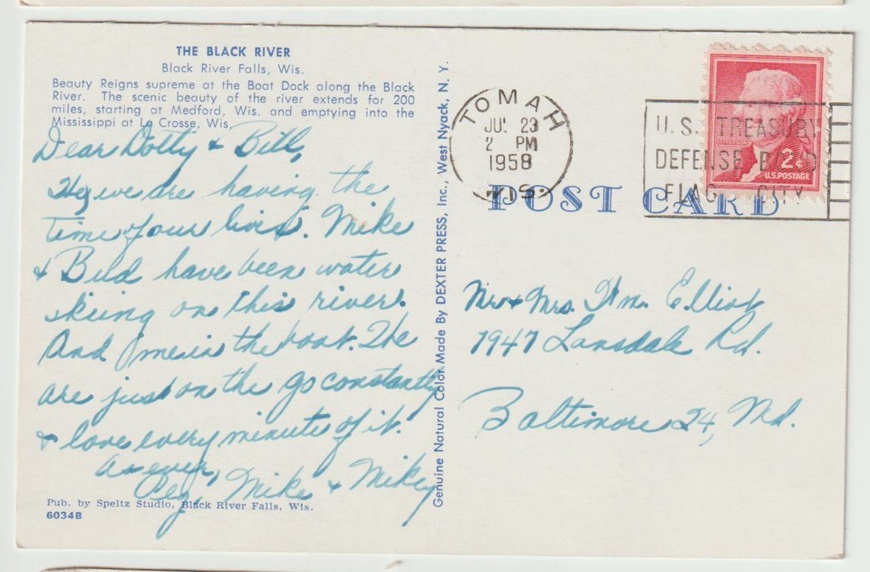 1958 Postmarked Postcard Greetings from Hatfield Black River Falls ...