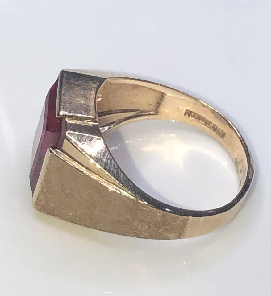 Men's 14k Solid Yellow Gold Signet Ring With Red Lab Created Ruby Stone ...