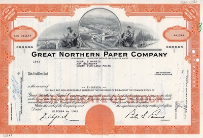 Great Northern Paper Company Stock Certificate 1965 | eBay