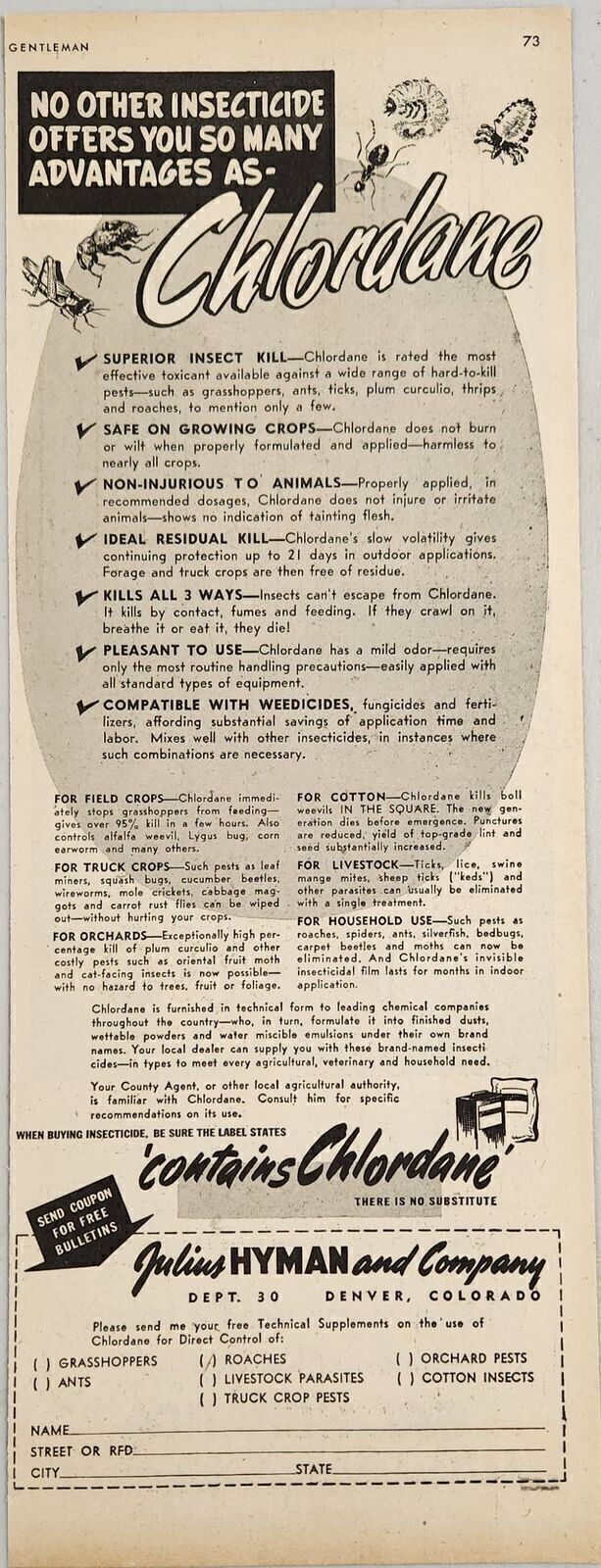 1948 Print Advertisement Chlordane Insecticide Farm Julius Hyman Denver ...