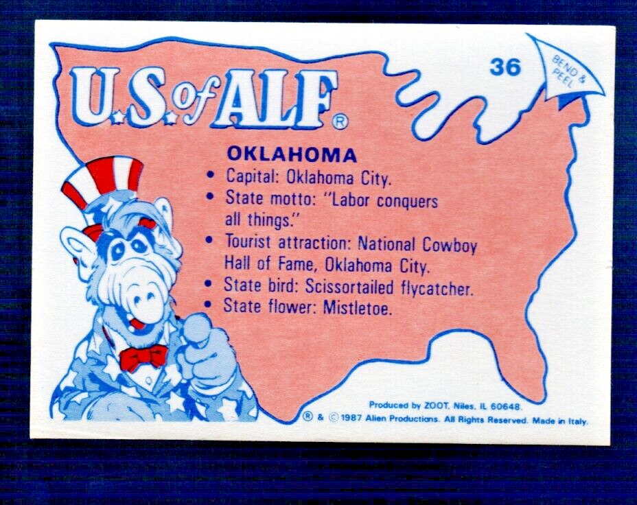 1987 Zoot Trading Card - U.S. of Alf - Oklahoma - Card #36 | eBay