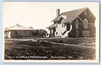 Roswell South Dakota SD Postcard RPPC Photo ME Church & Parsonage Dirt ...
