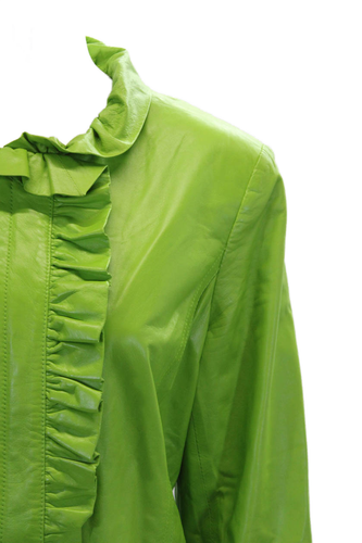 SoCa St. John Womens Front Zip Crew Neck Ruffled Leather Jacket Green ...