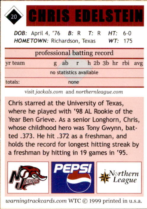 1999 New Jersey Jackals Warning Track #20 Chris Edelstein Richardson ...