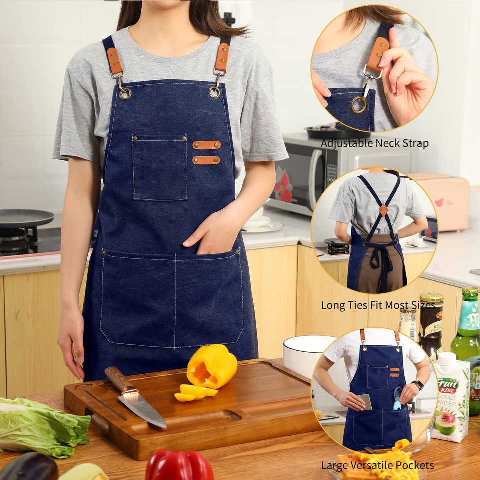 Canvas Cross Back Chef Cotton Aprons for Men Women with Large Pockets ...