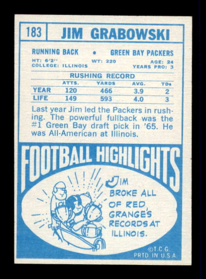 1968 Topps #183 Jim Grabowski NM/NM+ RC Rookie Packers 563161 | eBay