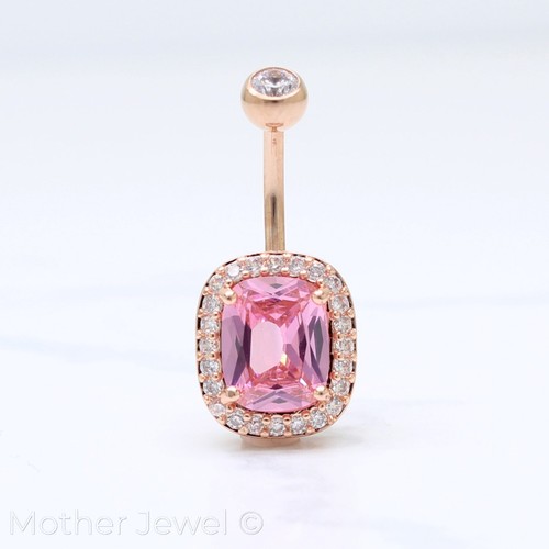 DIAMOND SIMULATED PINK PRINCESS CUT RECTANGLE ROSE GOLD IP BELLY NAVEL ...