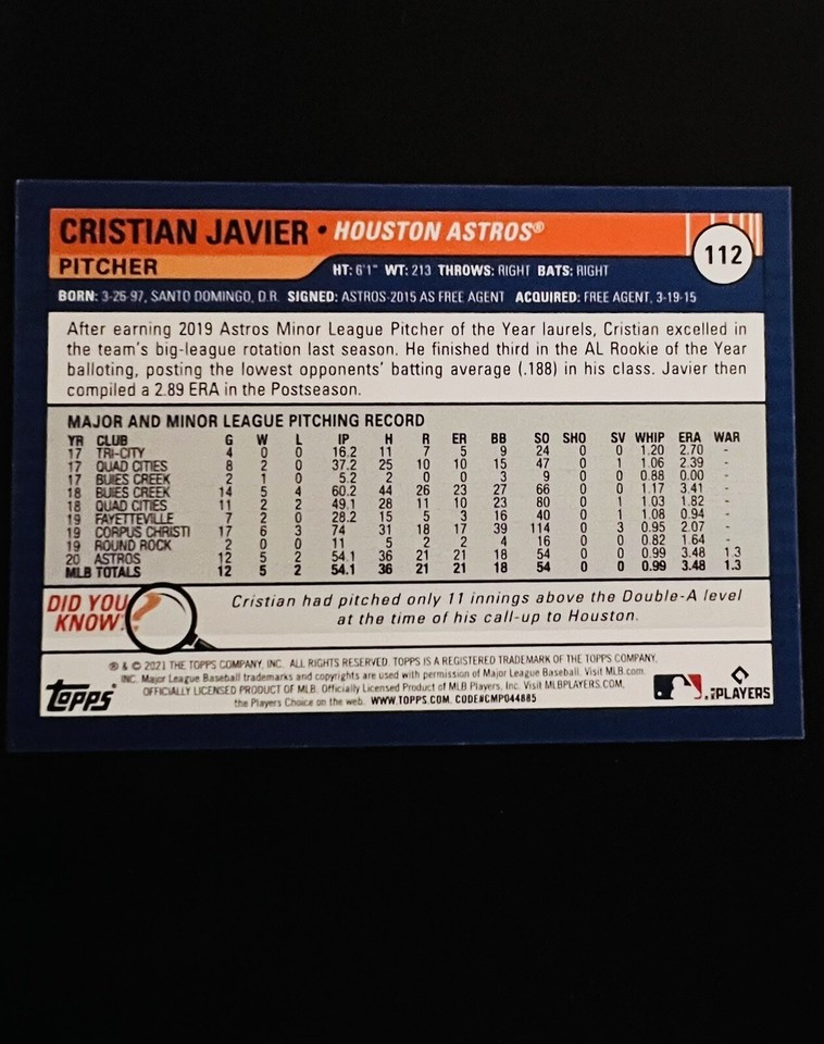2021 Topps Big League Cristain Javier Card #112 Huston Astros "Nice ...
