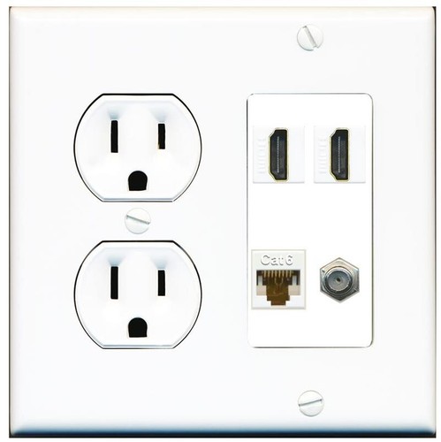 15A Round Power Outlet 2 Port HD CAT6 Ethernet Coax Cable TV Wall Plate ...