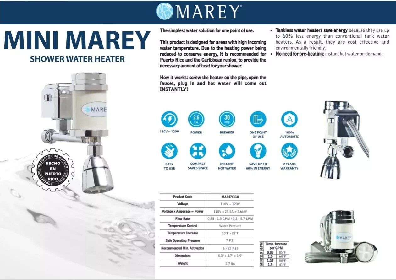 NEW MAREY HOME COMPACT TANKLESS SHOWER WATER HEATER MINI MAREY 110V 2 ...
