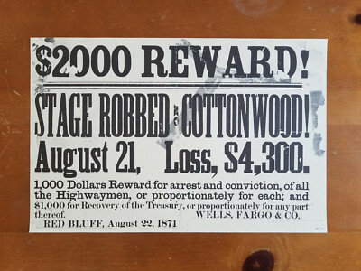Wells Fargo Bank Robbery Poster Reward $2000 News Gold Bar Treasure ...