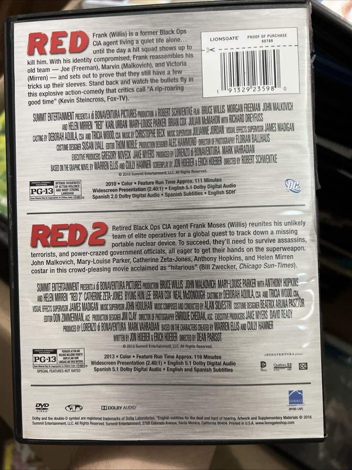 Red/Red 2 Double Feature (DVD, 2016, Widescreen) w/English & Spanish ...