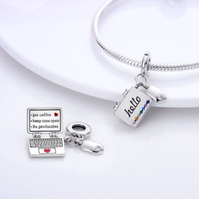 Laptop Computer Pendant Mouse Work Coffee Love Heart Charm 925 Sterling ...