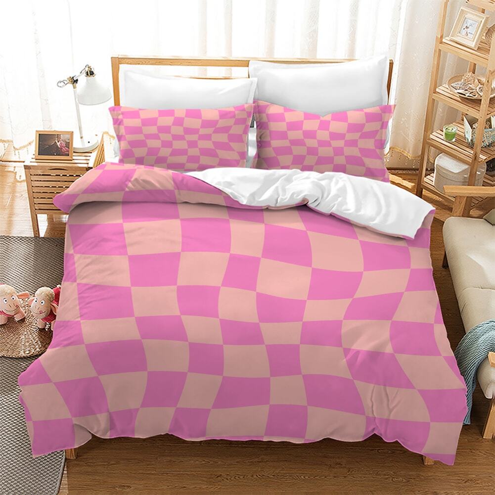 Pink Checkered Gorgeous Cube 3D Quilt Duvet Doona Cover Set Pillow case ...