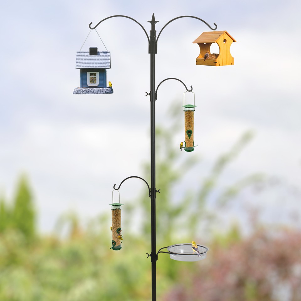 4-Hook Bird Feeding Station - Wild Bird Feeder Stand w/ Mesh Tray ...