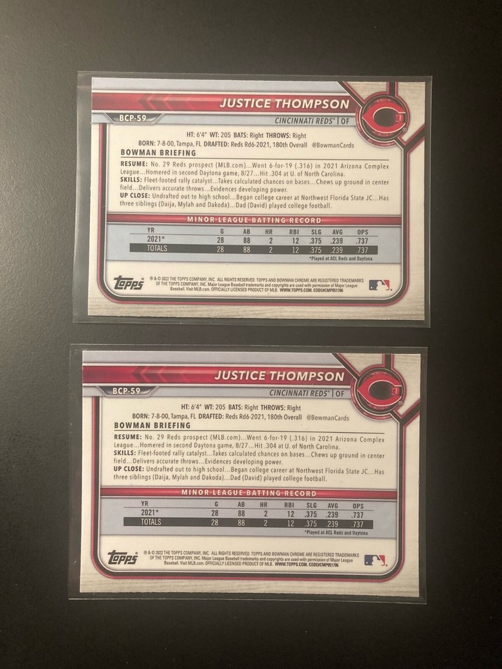 (2) 2022 Bowman Chrome Justice Thompson 1st Rookie Prospects RC #BCP-59 ...