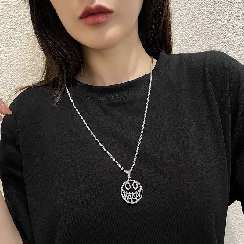 Mens Womens Silver Evil Smile Face Pendant Punk Gothic Biker Necklace ...