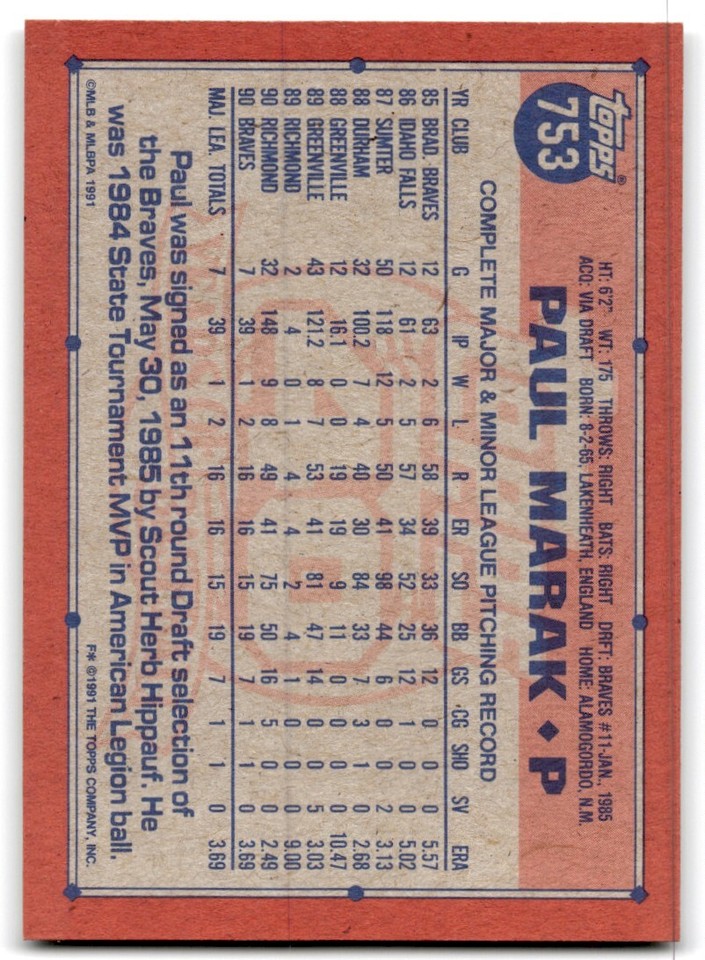 1991 Topps Baseball Card Paul Marak Rookie Atlanta Braves #753 | eBay