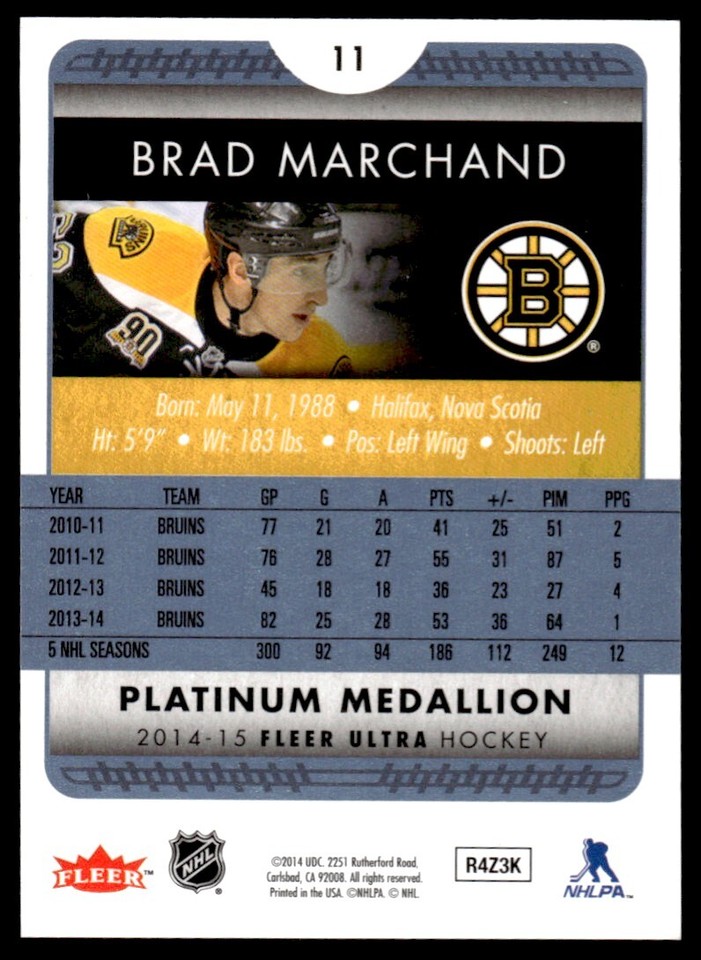 2015-16 Fleer ULTRA PLATINUM MEDALLION Brad Marchand 10/99 Boston ...