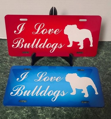 Two I Love Bulldogs Aluminum Vanity License Plates Blue Red & White ...