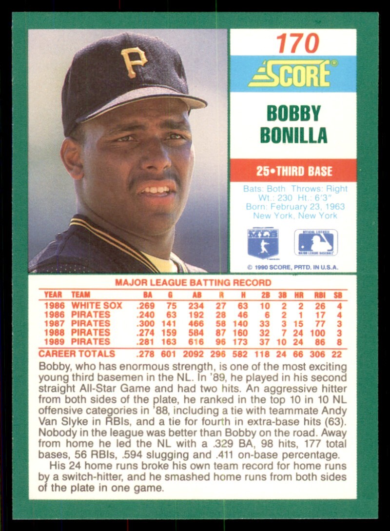 1990 Score Bobby Bonilla Baseball Cards #170 | eBay