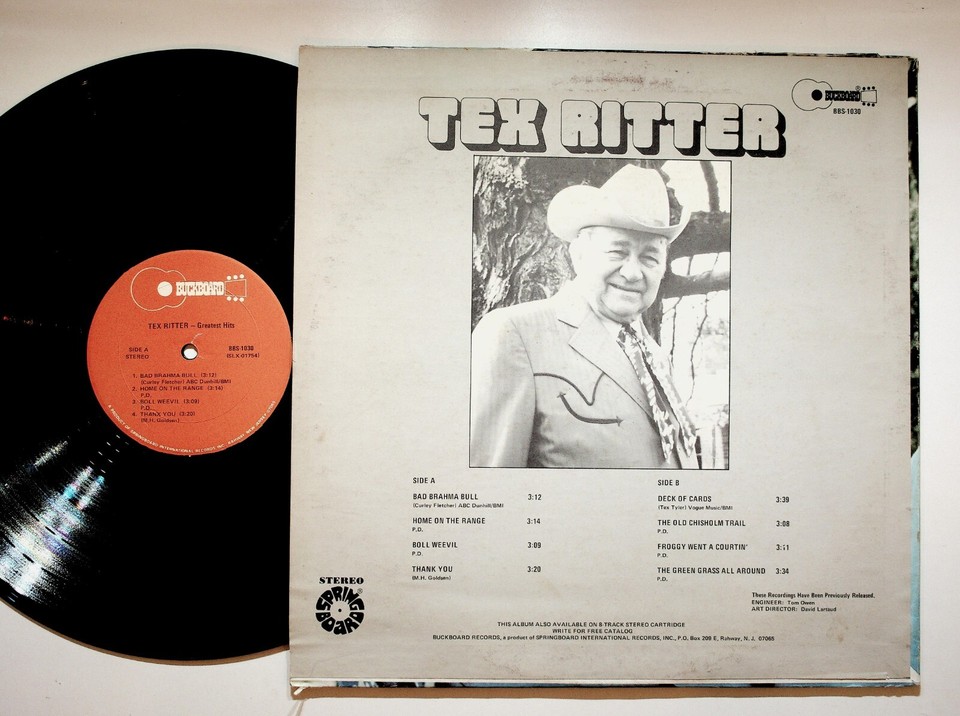 Tex Ritter Greatest Hits LP Buckboard BBS 1030 Springboard Stereo ...