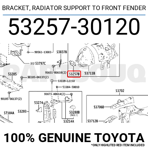 5325730120 Genuine Toyota BRACKET, RADIATOR SUPPORT TO FRONT FENDER ...