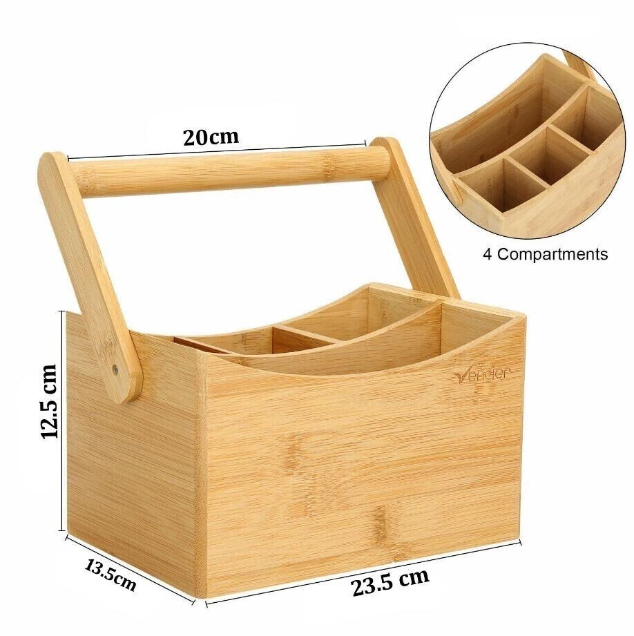4 Compartment Bamboo Cutlery Caddy Utensil Rack Condiments Holder ...