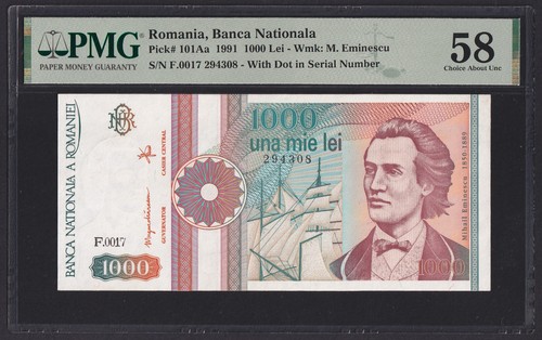 Romania 1000 Lei 1991, Pick 101Aa, PMG 58, UNC | eBay