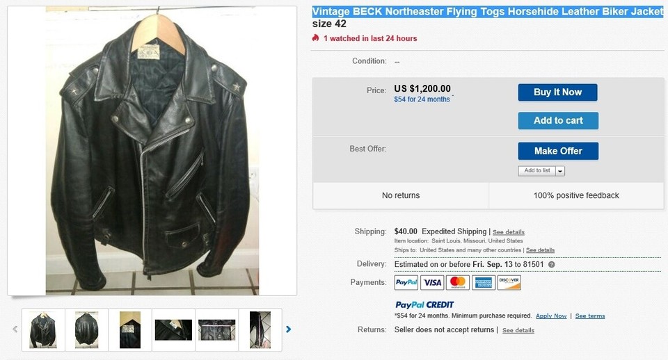 1950s Vintage Leather Motorcycle Jacket (Beck, Northeastern Flying Togs ...