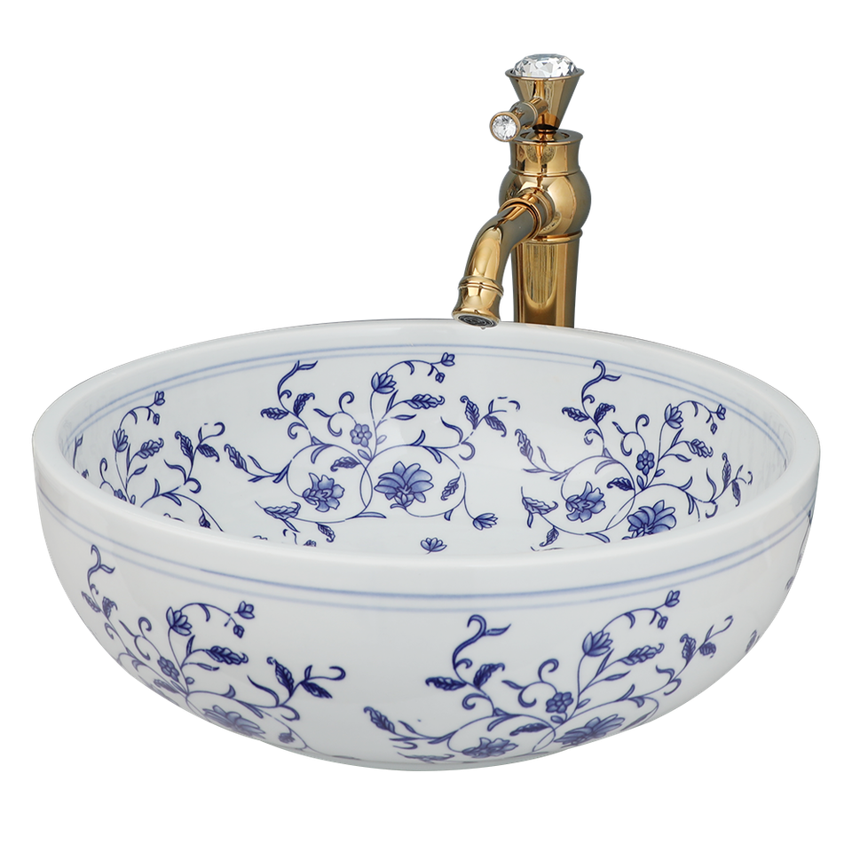 Round Ceramic Basin Bowl Vanity Vessel Sink Gold Mixer Faucet+Drain Tap ...
