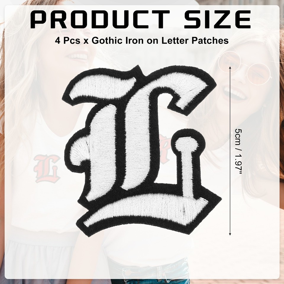 Gothic Iron on Letter Patches, 2" Letter L Alphabet Patch, White Black ...