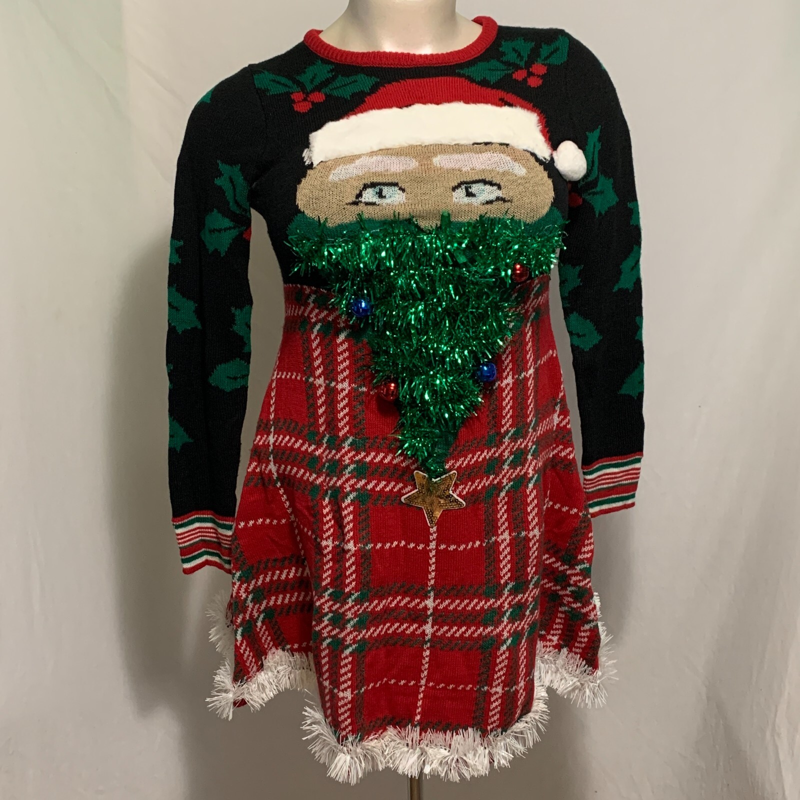 Ugly Christmas Dress Santa Tinsel Tree Beard Plaid Long Sleeve Junior ...